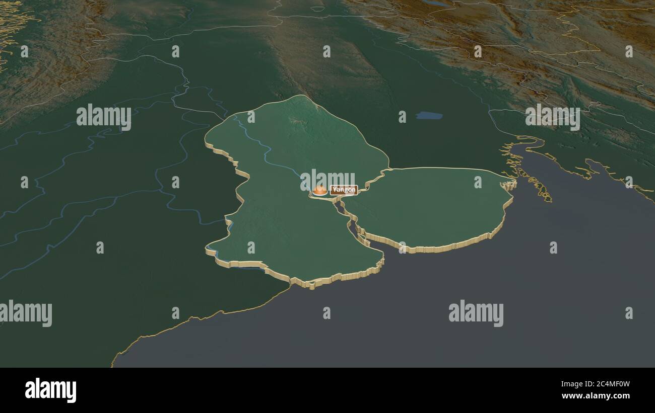 Zoom in on Yangon (division of Myanmar) extruded. Oblique perspective ...