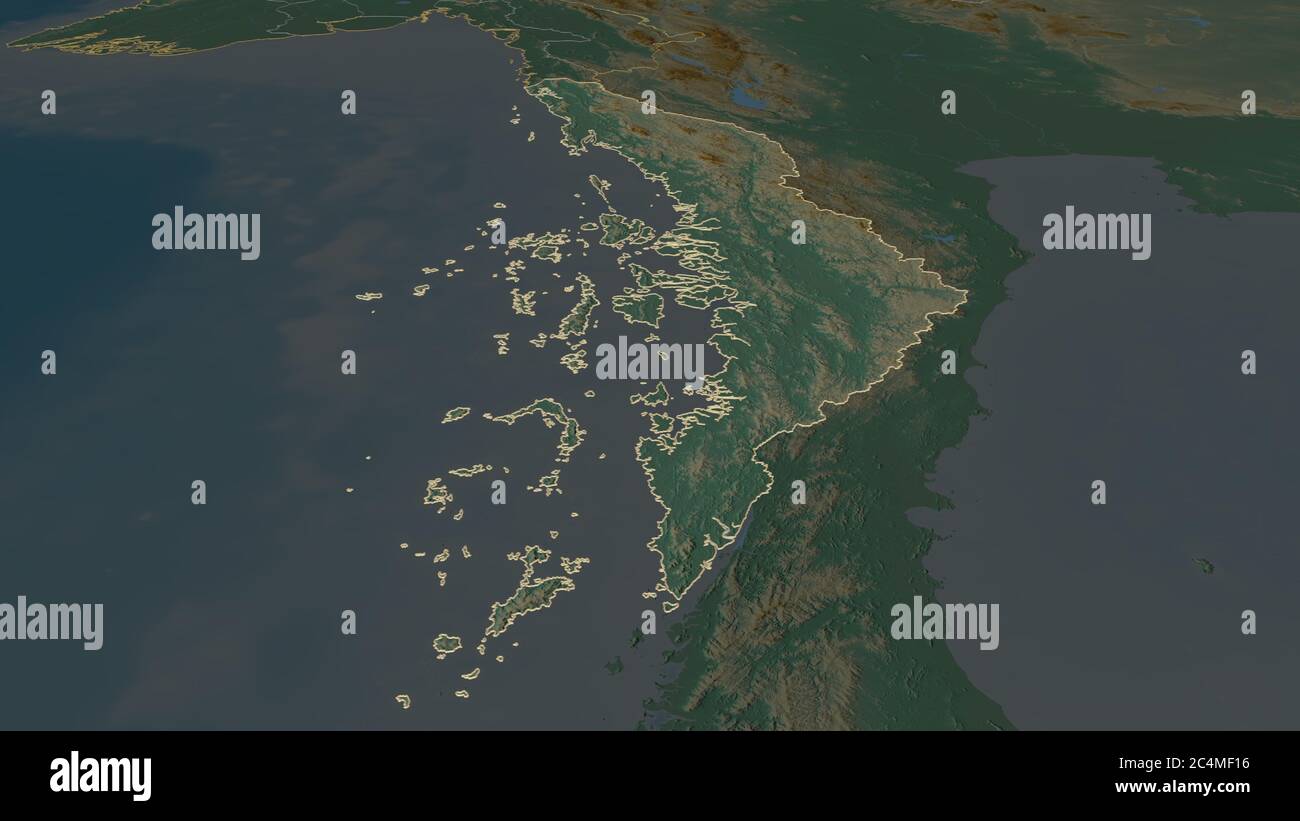Zoom in on Tanintharyi (division of Myanmar) outlined. Oblique ...