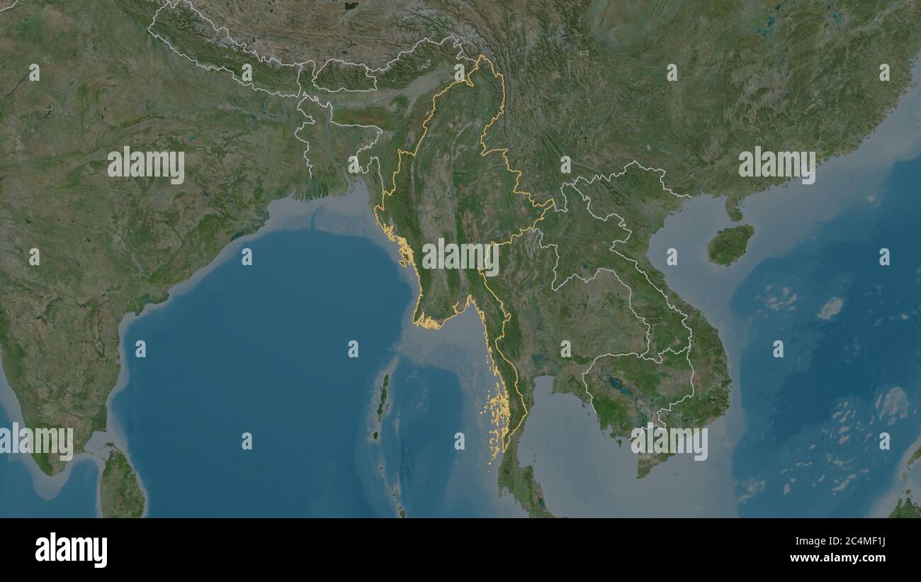 Outlined shape of the Myanmar area. Satellite imagery. 3D rendering ...