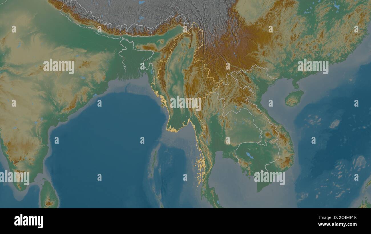 Outlined shape of the Myanmar area. Topographic relief map with surface ...