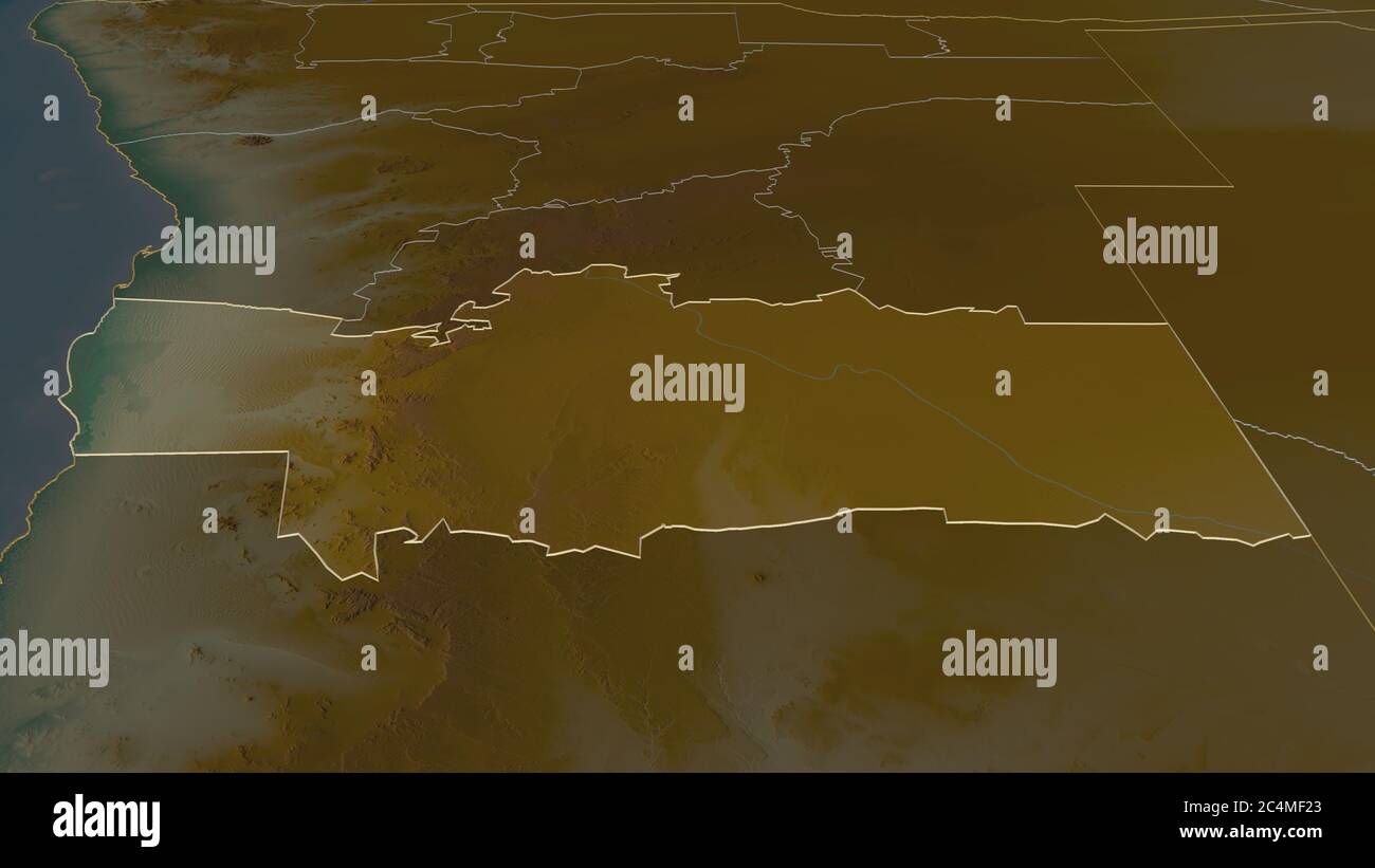 Zoom in on Hardap (region of Namibia) outlined. Oblique perspective ...