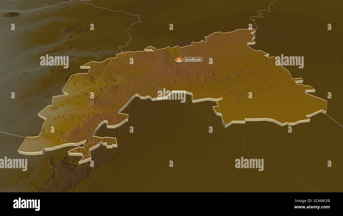 Zoom in on Khomas (region of Namibia) extruded. Oblique perspective ...