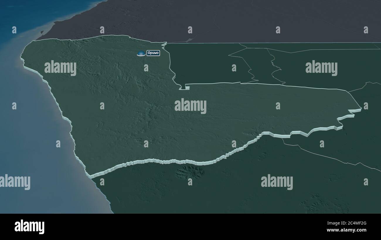 Zoom in on Kunene (region of Namibia) extruded. Oblique perspective ...