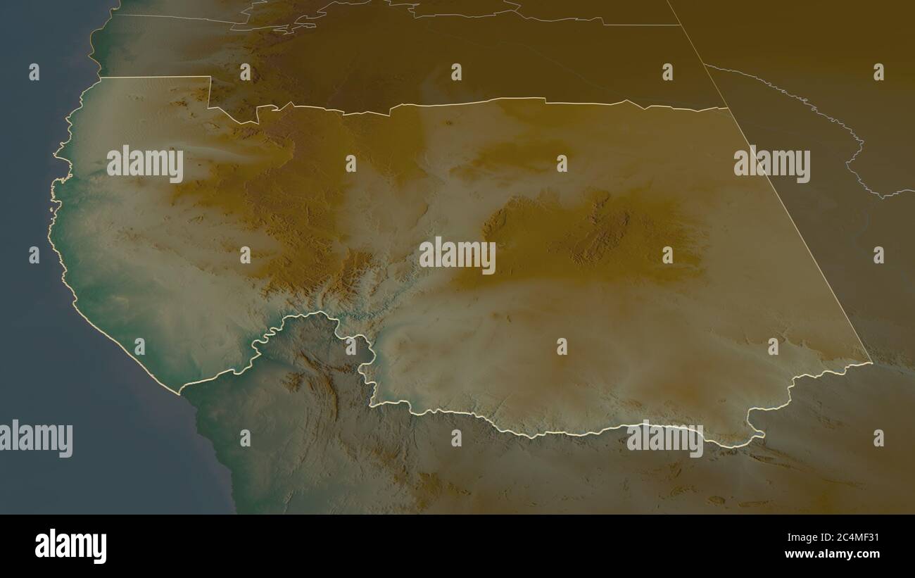 Zoom in on Karas (region of Namibia) outlined. Oblique perspective ...
