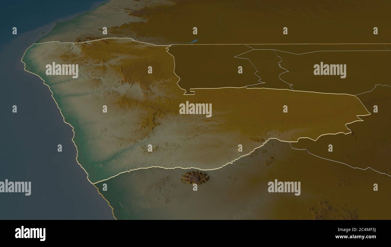 Zoom in on Kunene (region of Namibia) outlined. Oblique perspective ...