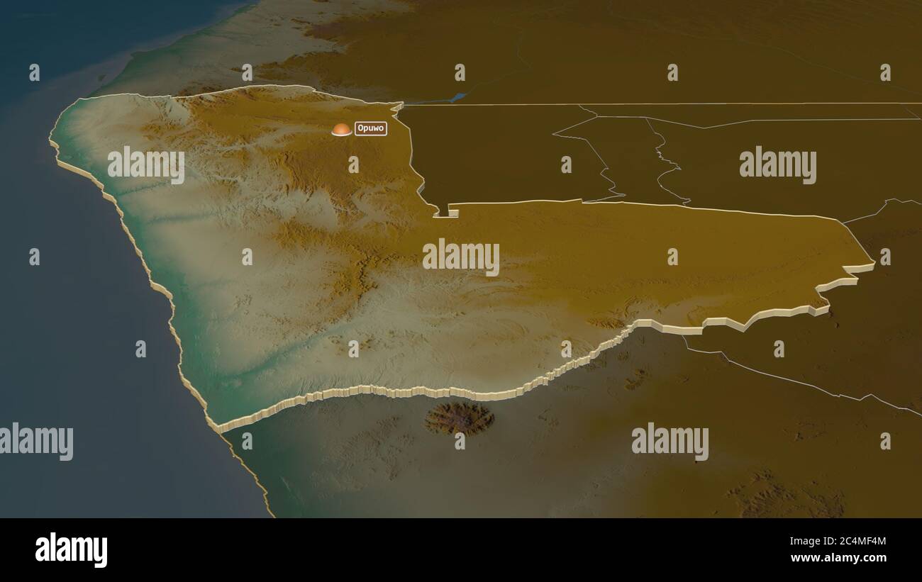 Zoom in on Kunene (region of Namibia) extruded. Oblique perspective ...
