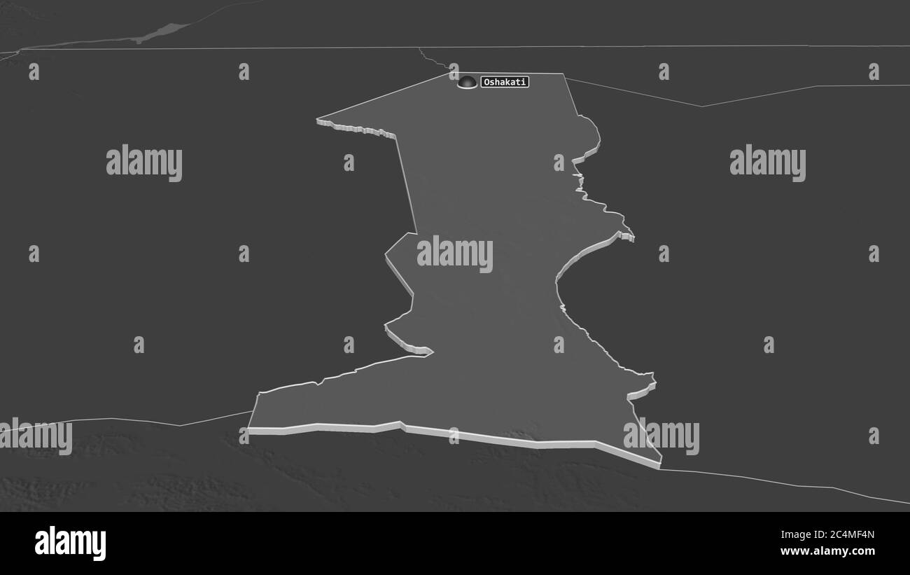 Zoom in on Oshana (region of Namibia) extruded. Oblique perspective ...