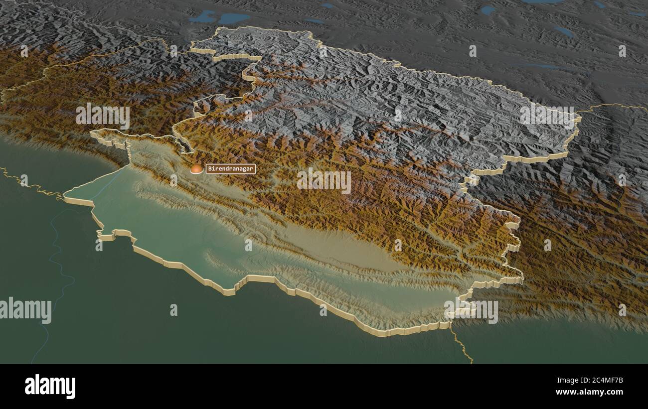 Zoom in on Mid-Western (development region of Nepal) extruded. Oblique ...
