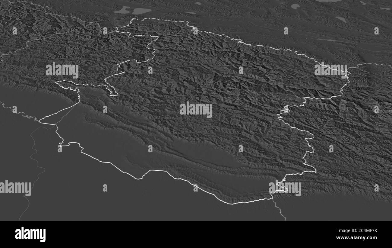 Zoom in on Mid-Western (development region of Nepal) outlined. Oblique ...