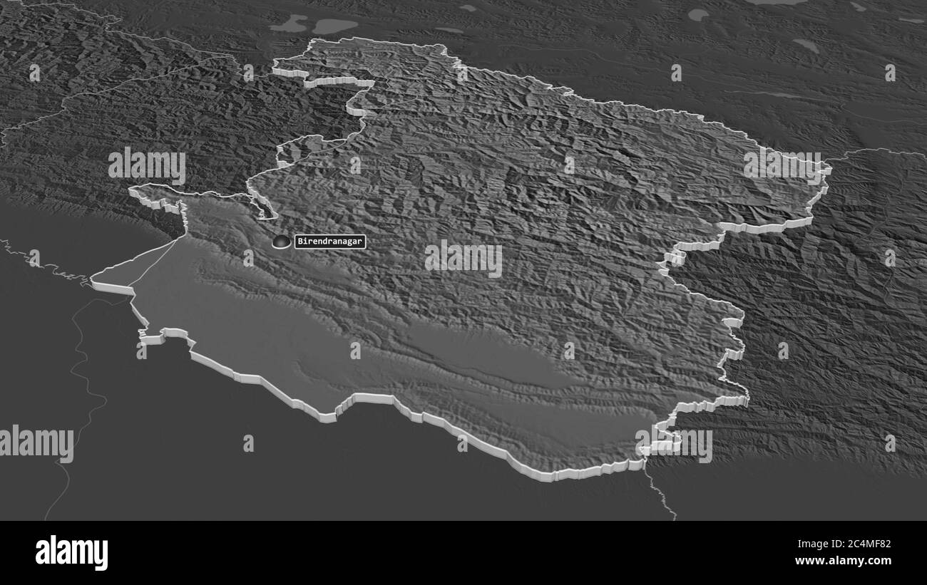 Zoom in on Mid-Western (development region of Nepal) extruded. Oblique ...