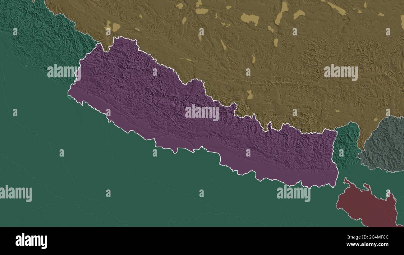 Outlined shape of the Nepal area. Colored and bumped map of the ...