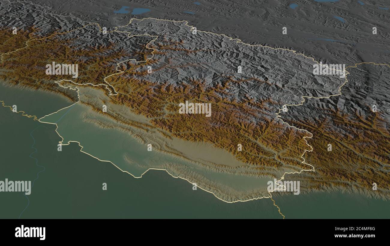 Zoom in on Mid-Western (development region of Nepal) outlined. Oblique ...