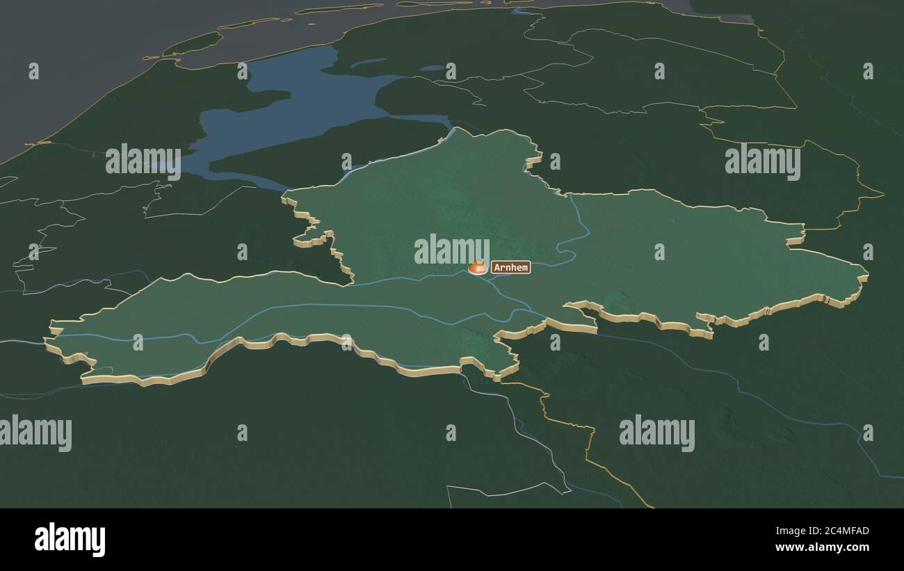 Zoom in on Gelderland (province of Netherlands) extruded. Oblique ...