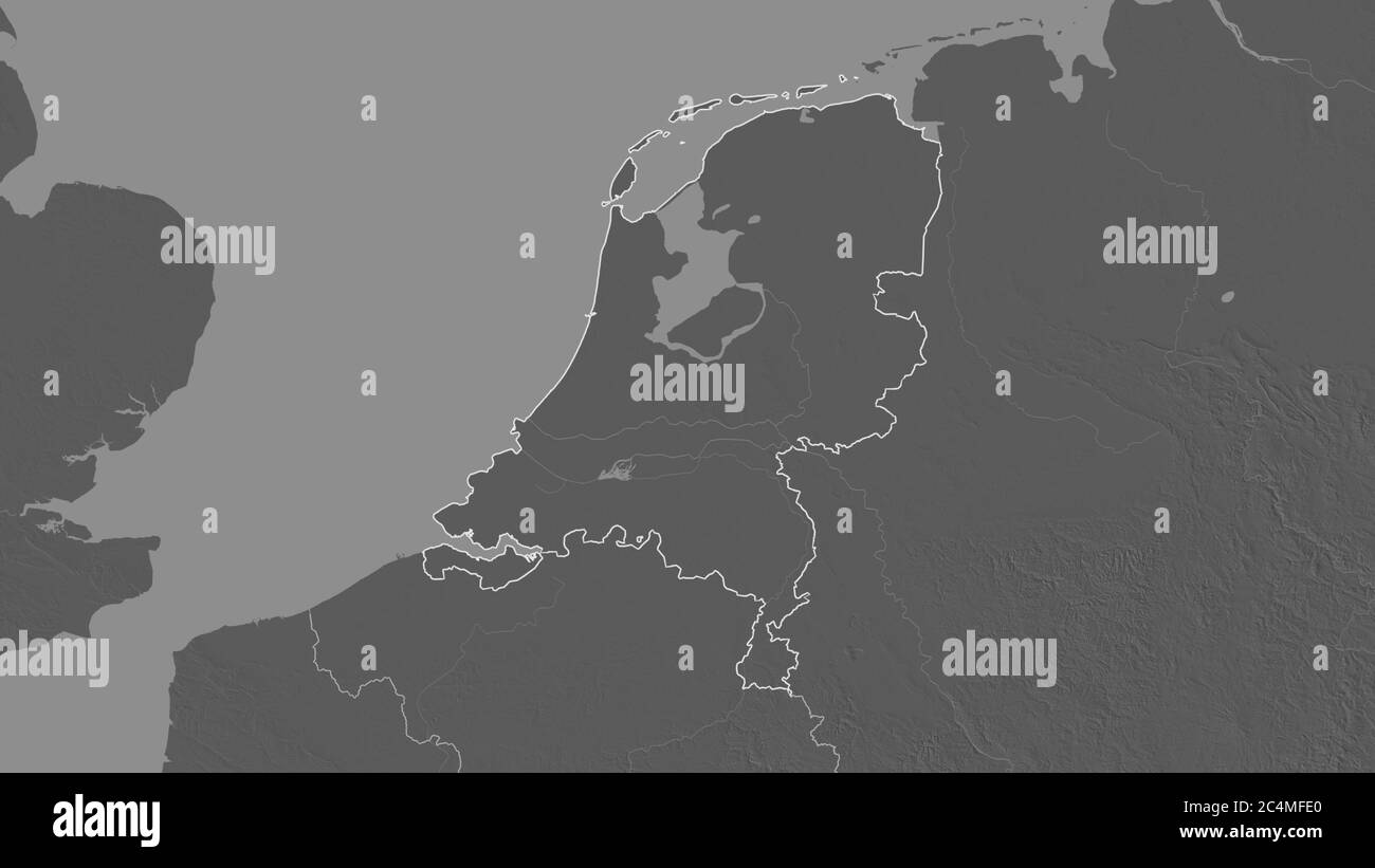 Outlined shape of the Netherlands area. Bilevel elevation map with ...