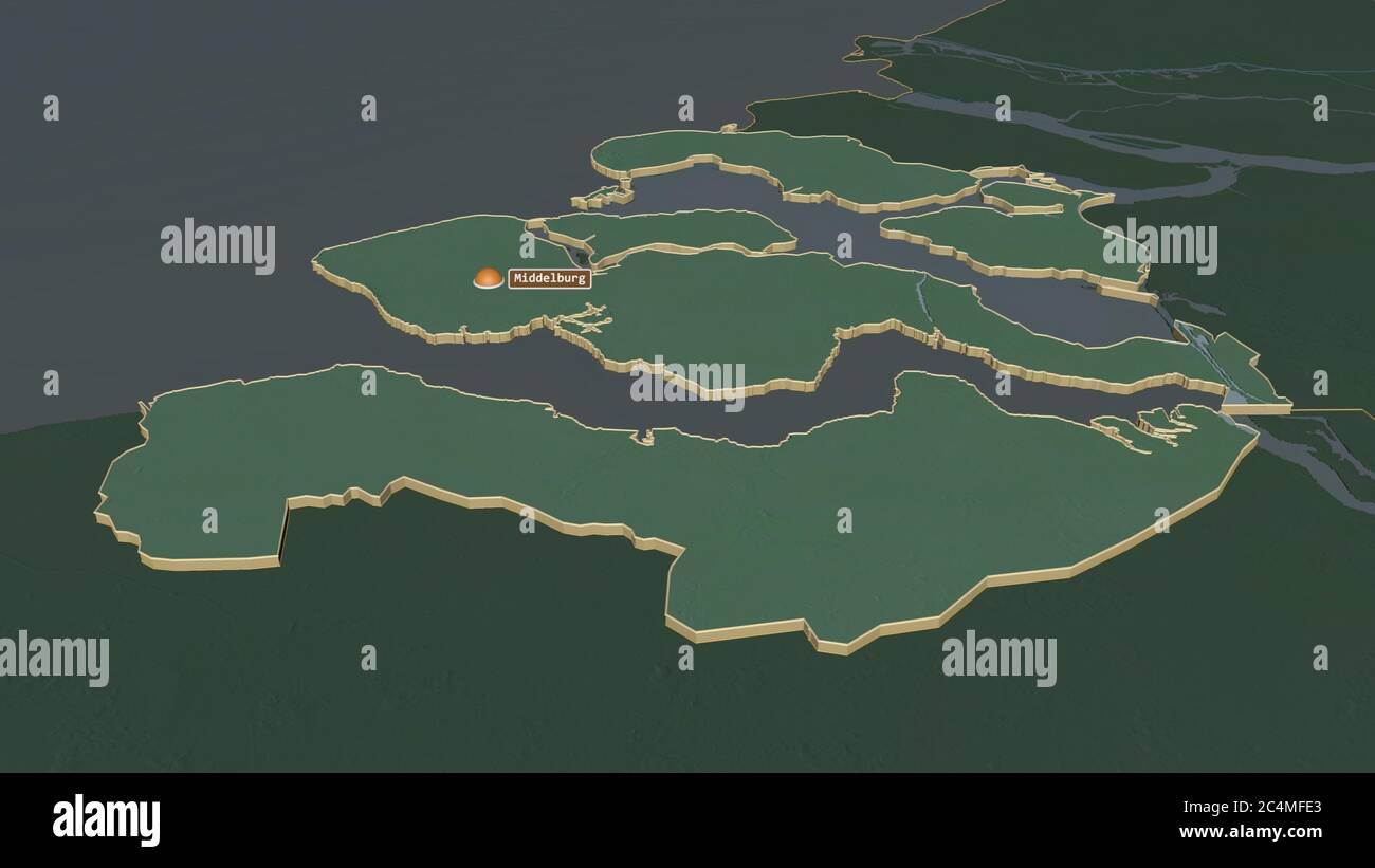 Zoom in on Zeeland (province of Netherlands) extruded. Oblique ...