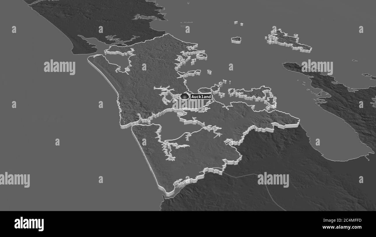 Zoom in on Auckland (regional council of New Zealand) extruded. Oblique ...