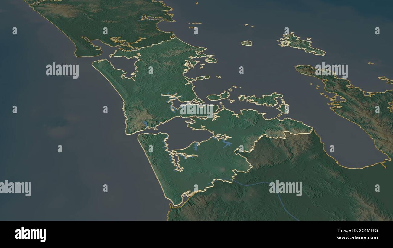 Zoom in on Auckland (regional council of New Zealand) outlined. Oblique ...