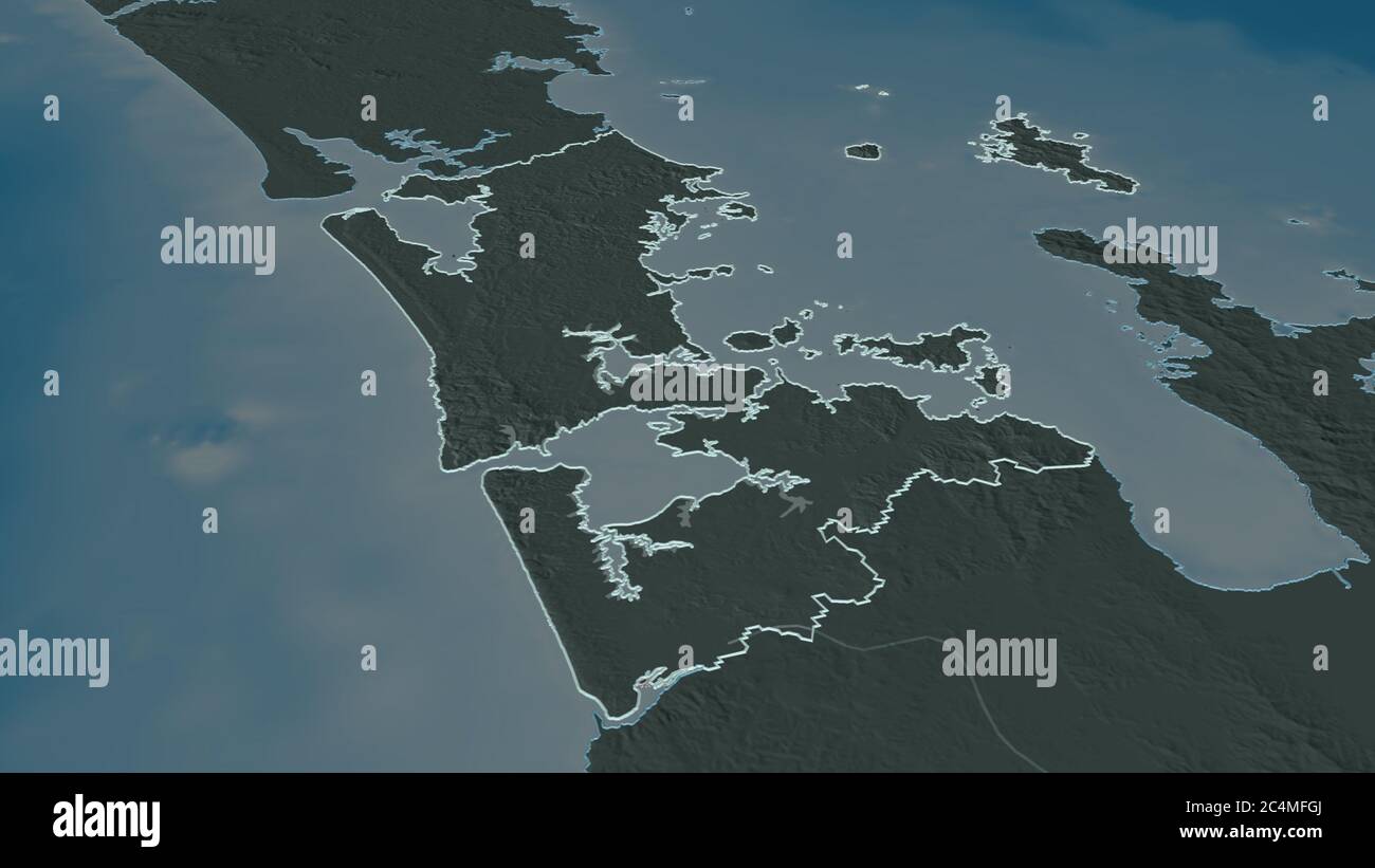 Zoom in on Auckland (regional council of New Zealand) outlined. Oblique ...