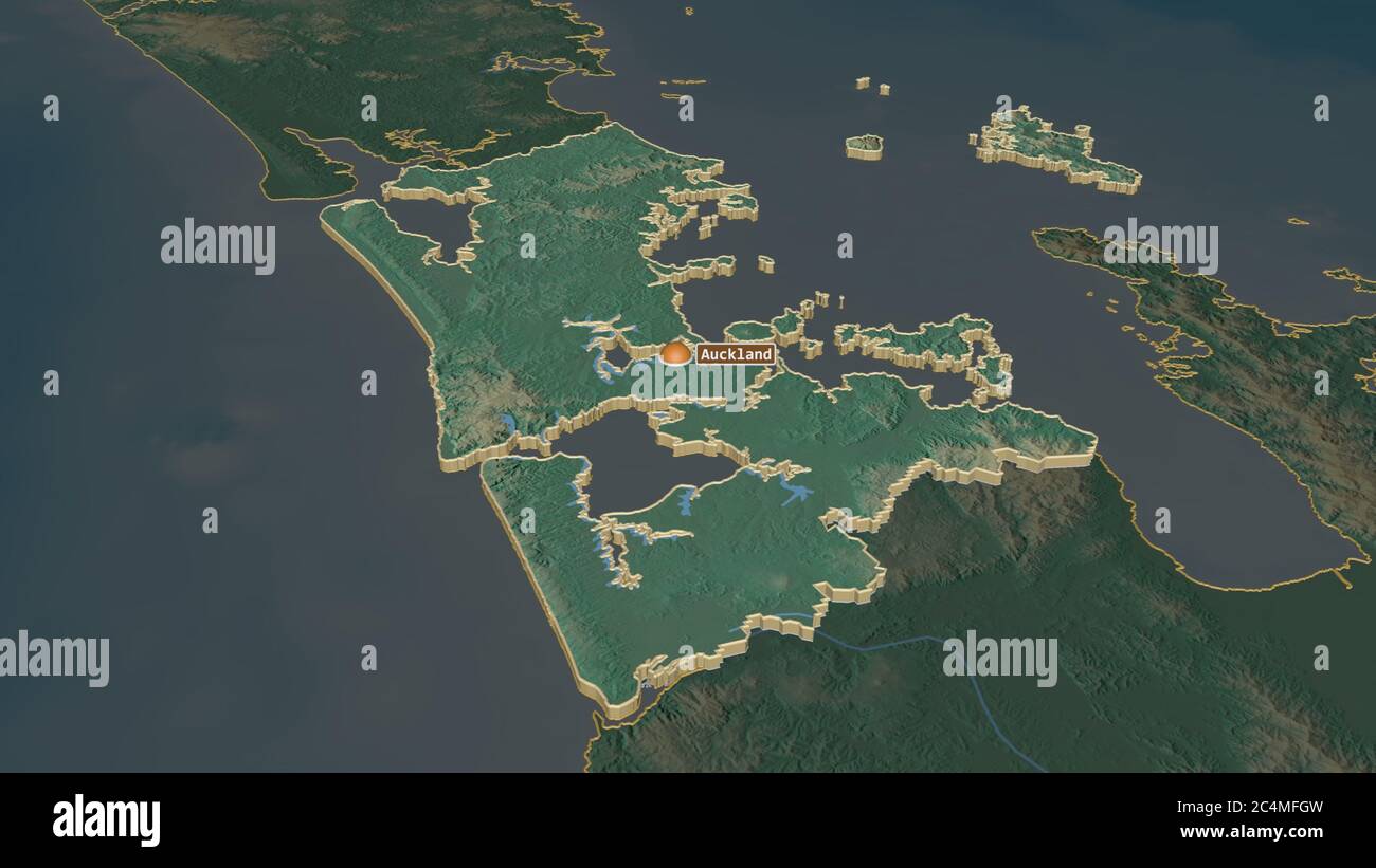 Zoom in on Auckland (regional council of New Zealand) extruded. Oblique ...