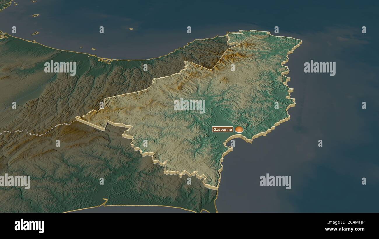 Zoom in on Gisborne (regional council of New Zealand) extruded. Oblique ...