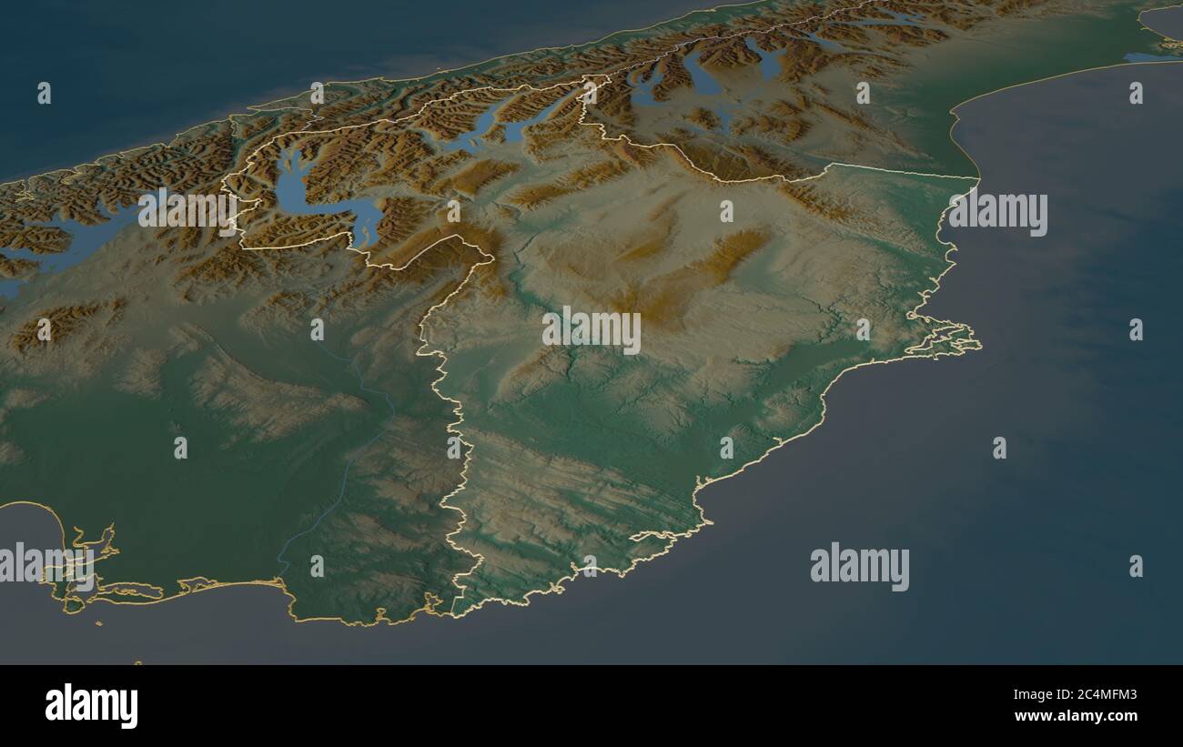 Zoom in on Otago (regional council of New Zealand) outlined. Oblique ...