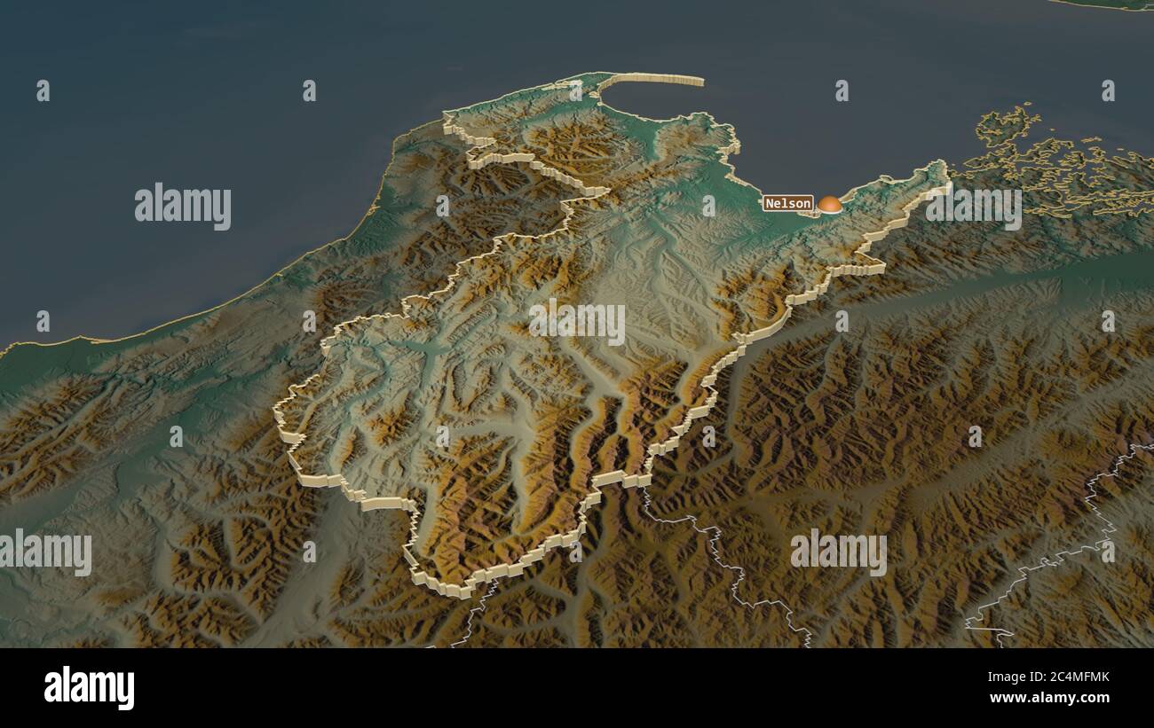 Zoom in on Nelson (unitary authority of New Zealand) extruded. Oblique ...