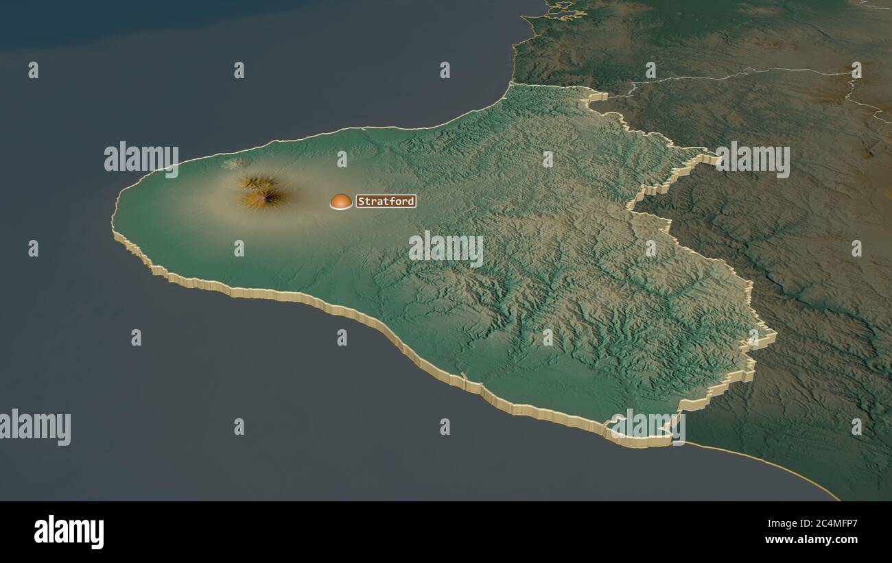 Zoom in on Taranaki (regional council of New Zealand) extruded. Oblique ...