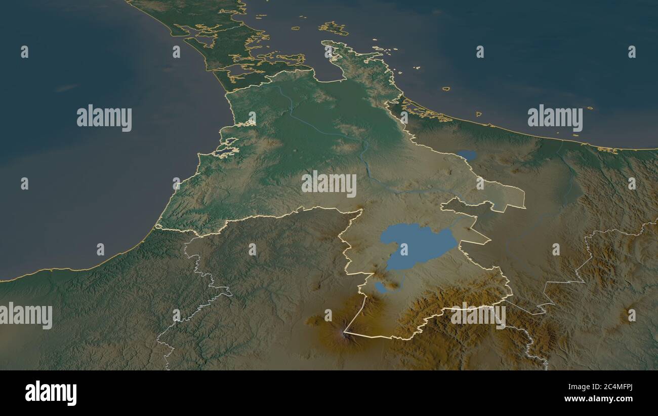 Zoom in on Waikato (regional council of New Zealand) outlined. Oblique ...