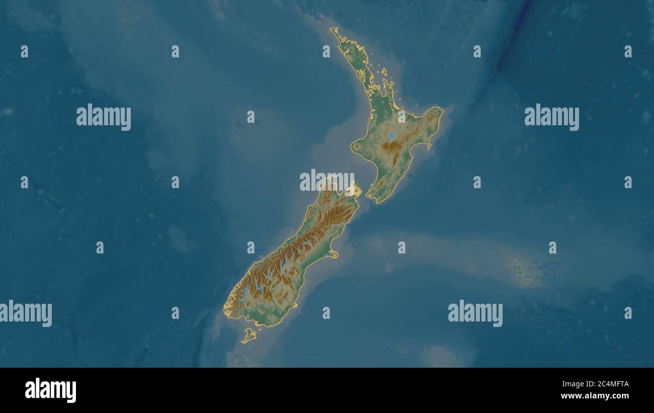Outlined shape of the New Zealand area. Topographic relief map with ...