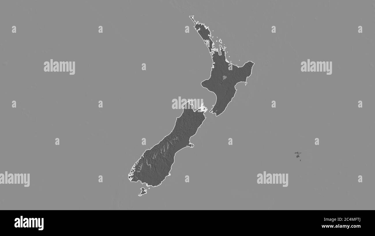 Outlined shape of the New Zealand area. Bilevel elevation map with ...