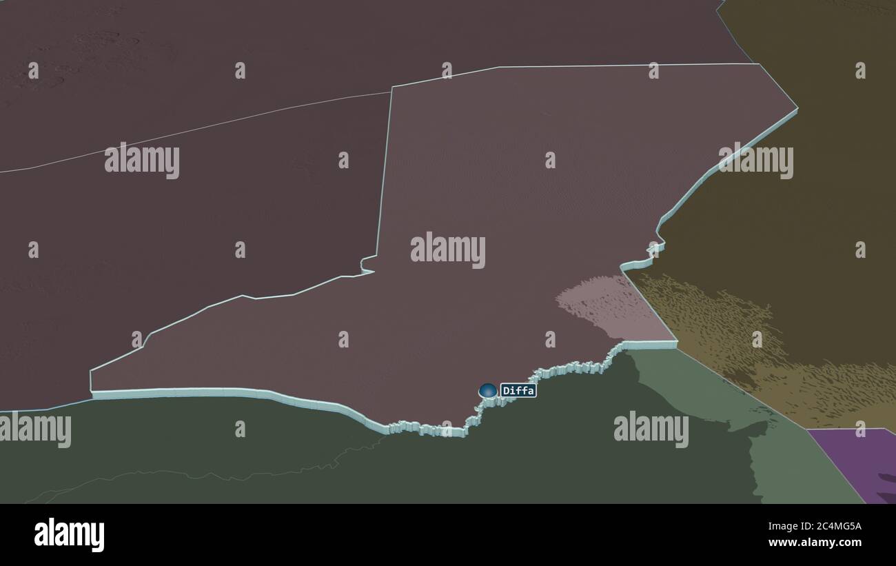 Zoom in on Diffa (department of Niger) extruded. Oblique perspective ...