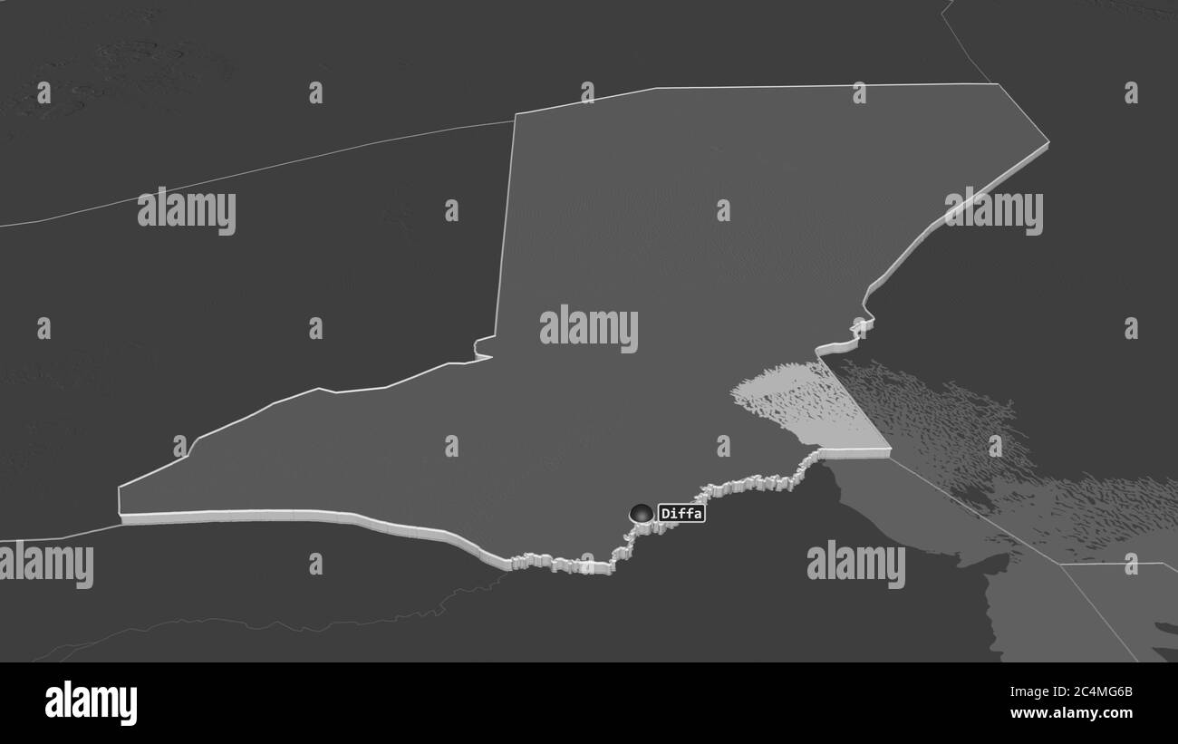 Zoom in on Diffa (department of Niger) extruded. Oblique perspective ...