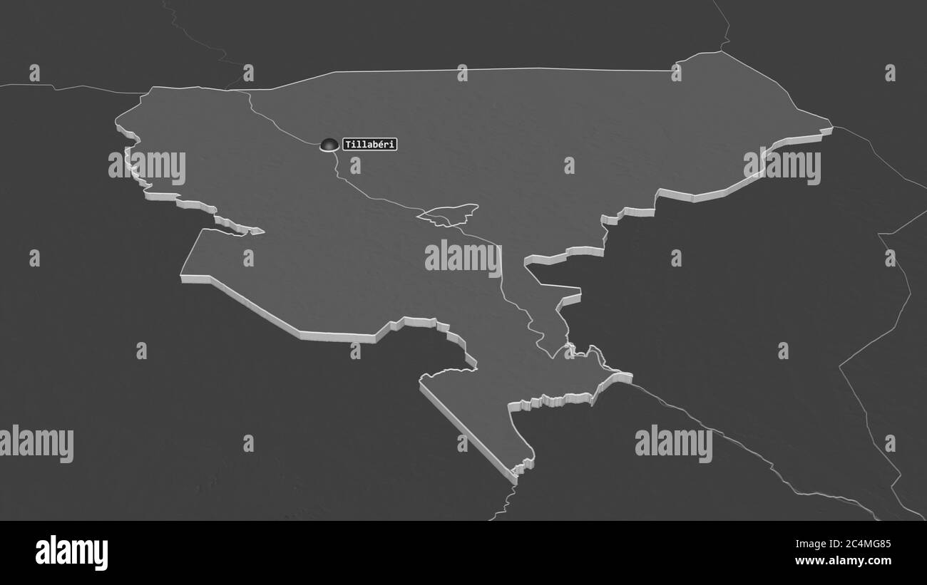 Zoom in on Tillabéry (department of Niger) extruded. Oblique ...