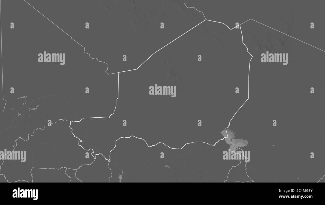 Outlined shape of the Niger area. Bilevel elevation map with surface ...