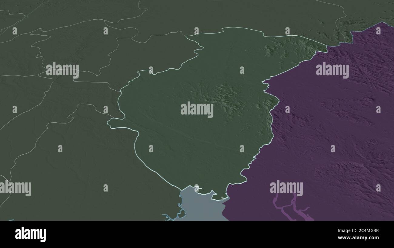 Zoom in on Cross River (state of Nigeria) outlined. Oblique perspective ...