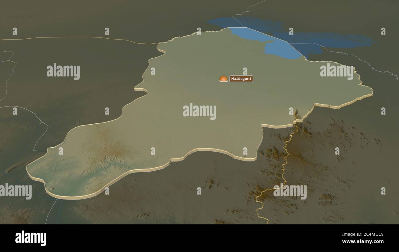 Zoom in on Borno (state of Nigeria) extruded. Oblique perspective ...