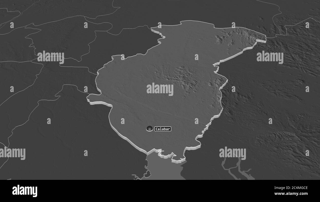 Zoom in on Cross River (state of Nigeria) extruded. Oblique perspective ...
