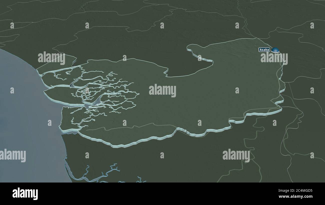 Zoom in on Delta (state of Nigeria) extruded. Oblique perspective ...