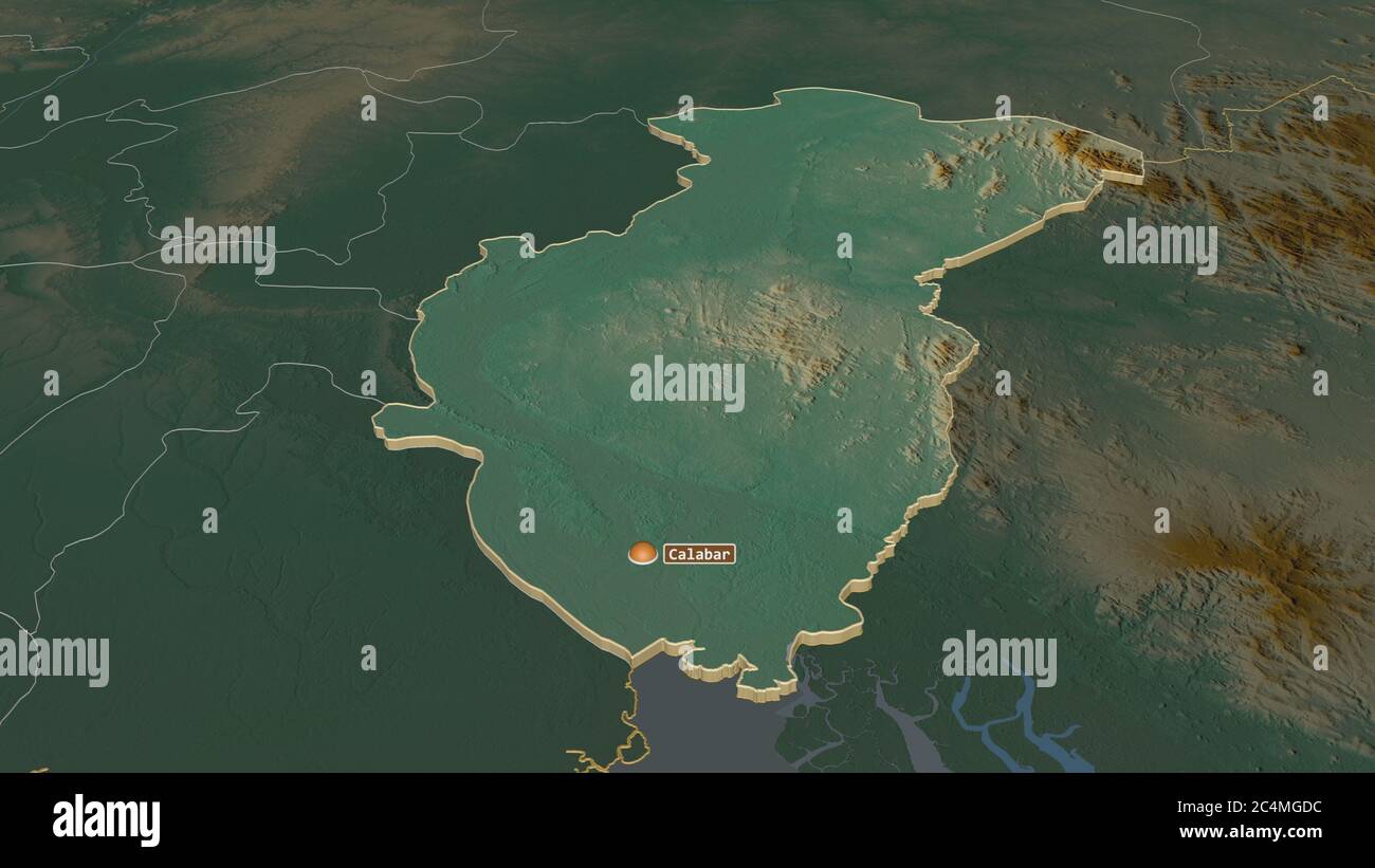 Zoom in on Cross River (state of Nigeria) extruded. Oblique perspective ...