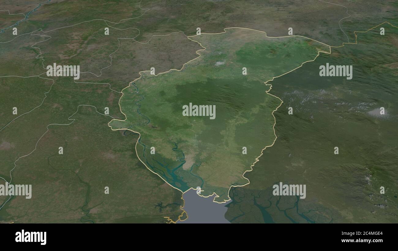 Zoom in on Cross River (state of Nigeria) outlined. Oblique perspective ...