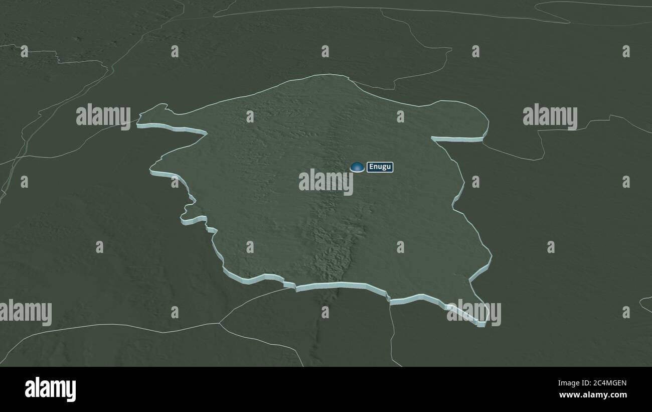 Zoom in on Enugu (state of Nigeria) extruded. Oblique perspective ...