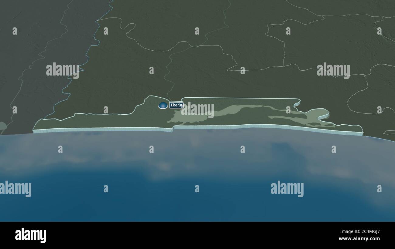 Zoom in on Lagos (state of Nigeria) extruded. Oblique perspective ...