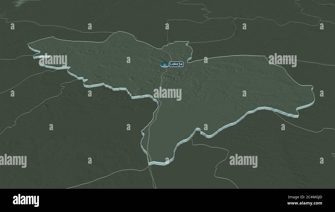 Zoom in on Kogi (state of Nigeria) extruded. Oblique perspective ...