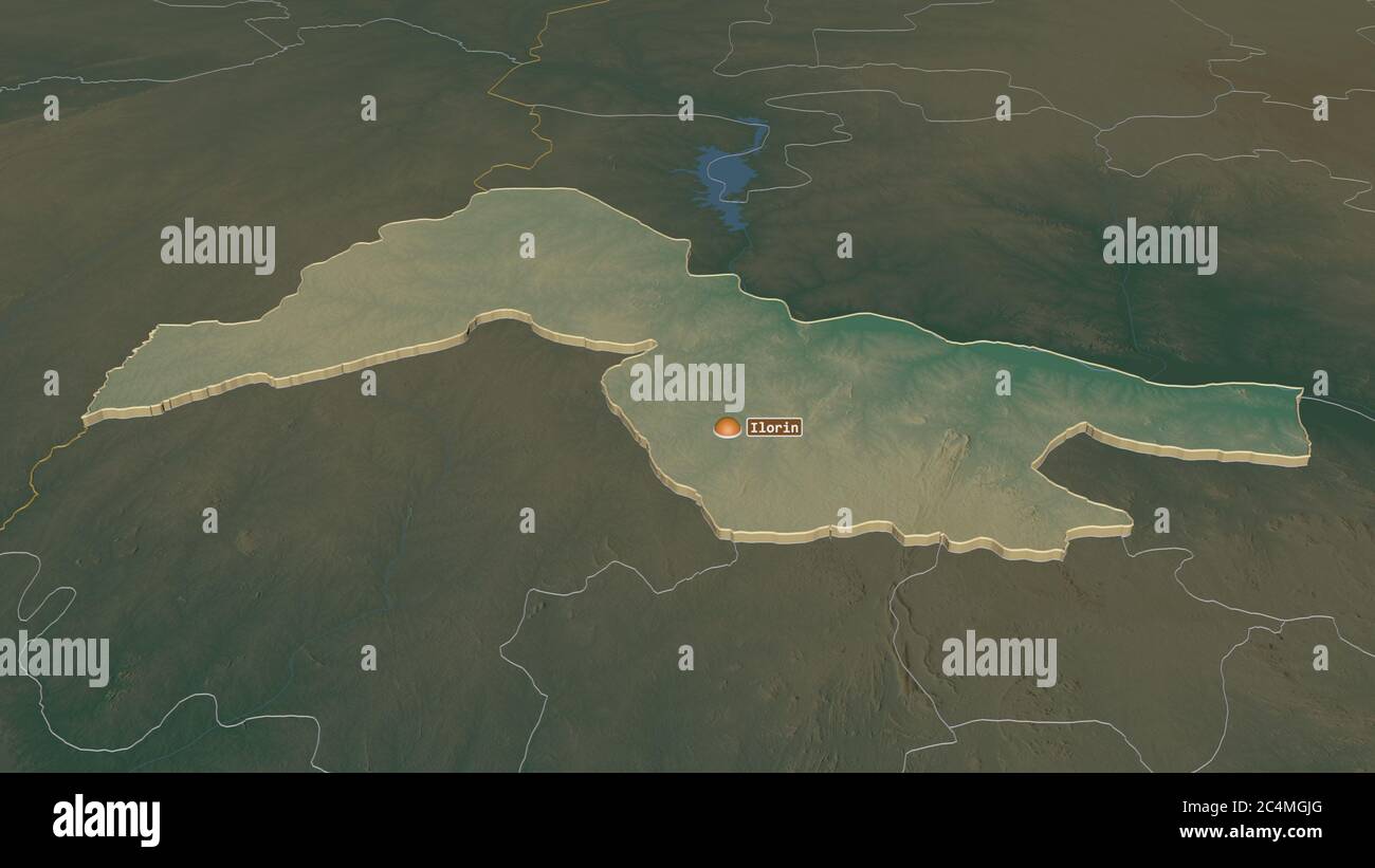 Zoom in on Kwara (state of Nigeria) extruded. Oblique perspective ...