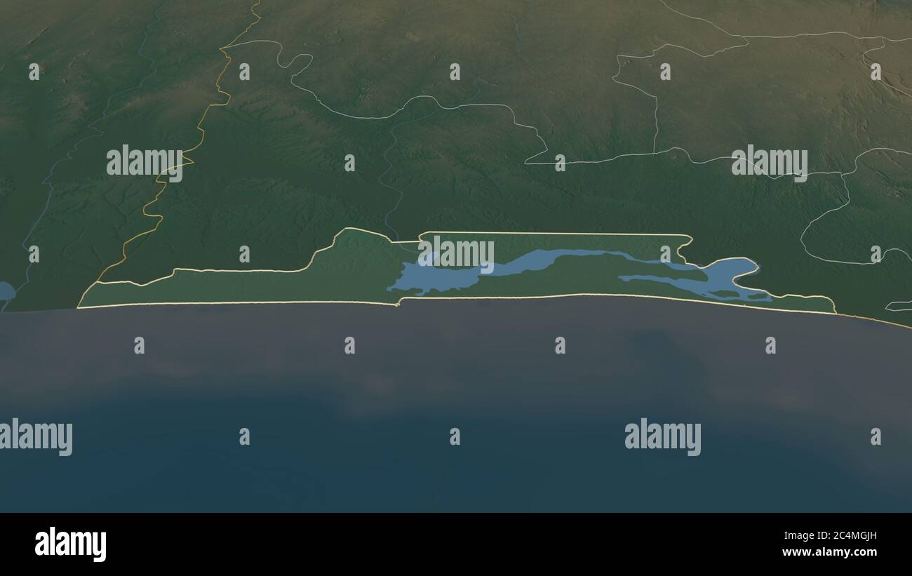 Zoom in on Lagos (state of Nigeria) outlined. Oblique perspective ...