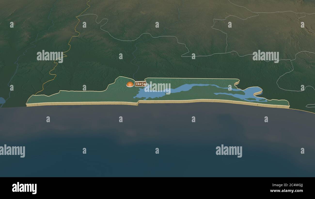 Zoom in on Lagos (state of Nigeria) extruded. Oblique perspective ...