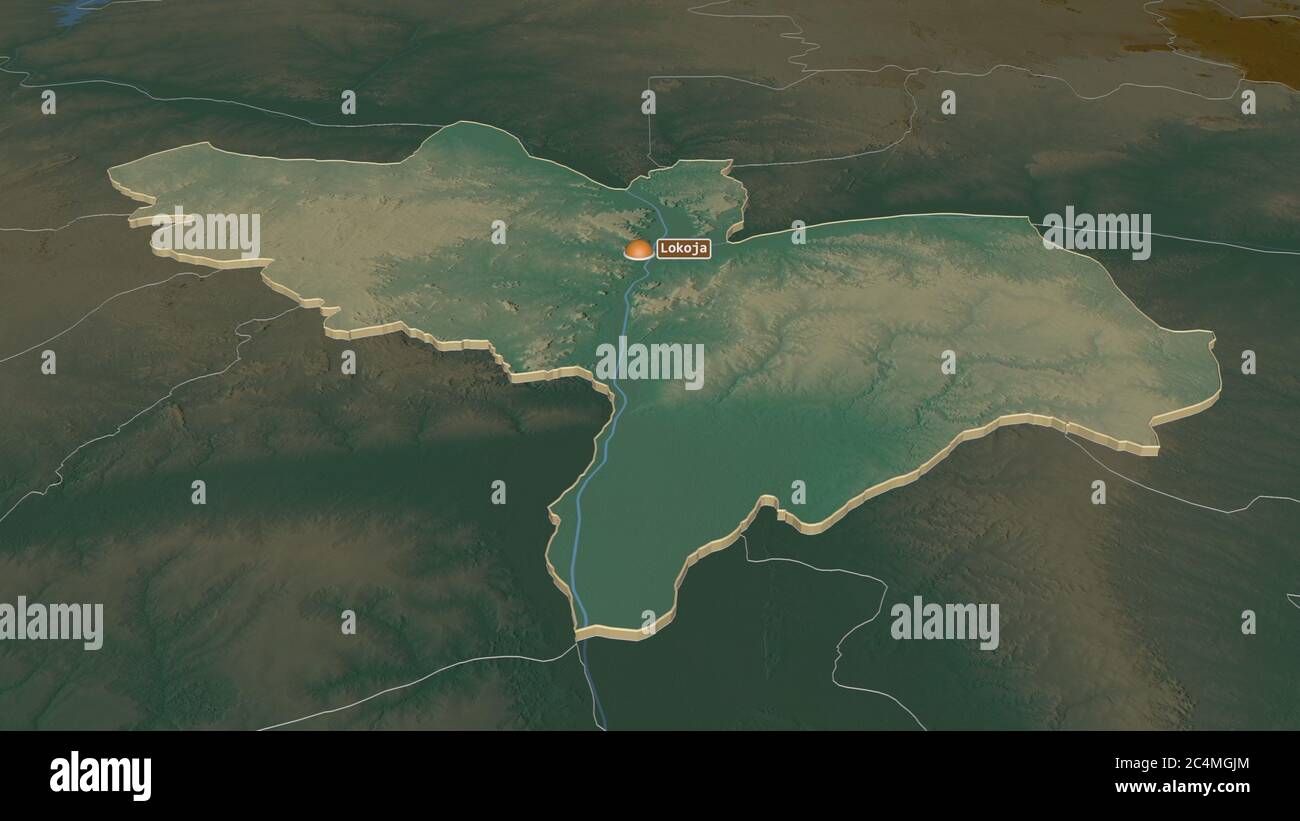 Zoom in on Kogi (state of Nigeria) extruded. Oblique perspective ...