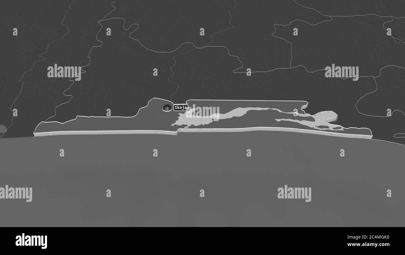 Zoom in on Lagos (state of Nigeria) extruded. Oblique perspective ...