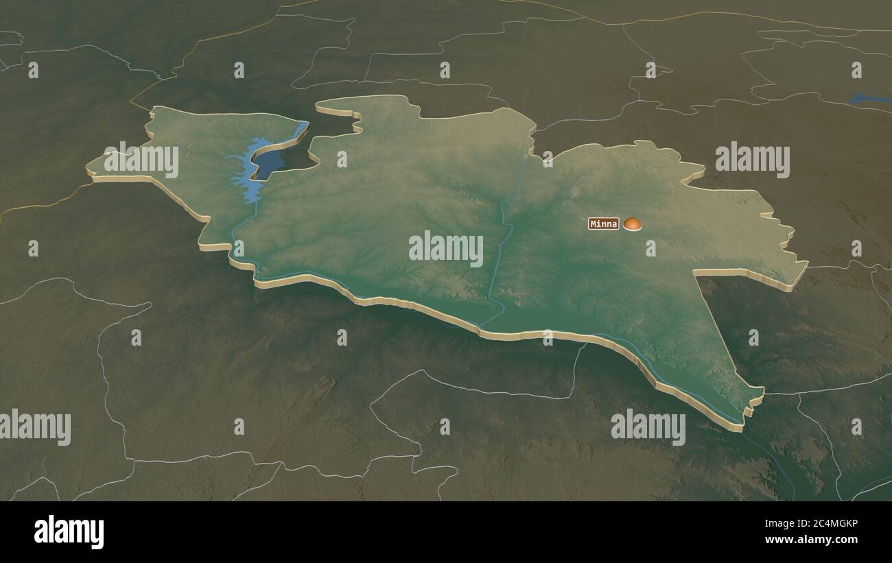 Zoom in on Niger (state of Nigeria) extruded. Oblique perspective ...