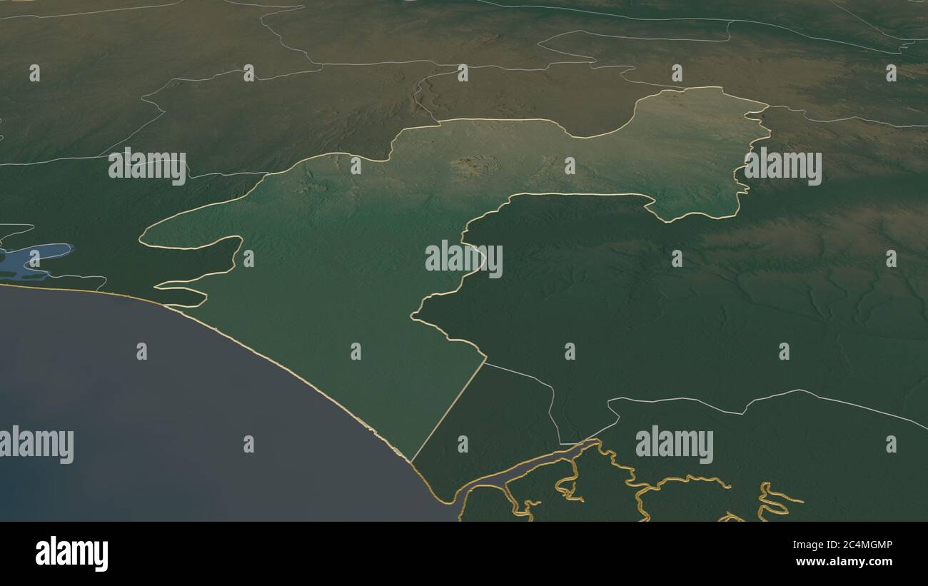 Zoom in on Ondo (state of Nigeria) outlined. Oblique perspective ...